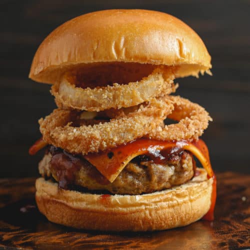 Savory BBQ Pork Burgers with Onion Rings