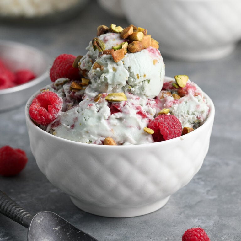 No Churn Pistachio Raspberry Ice Cream with White Chocolate - The Salty ...